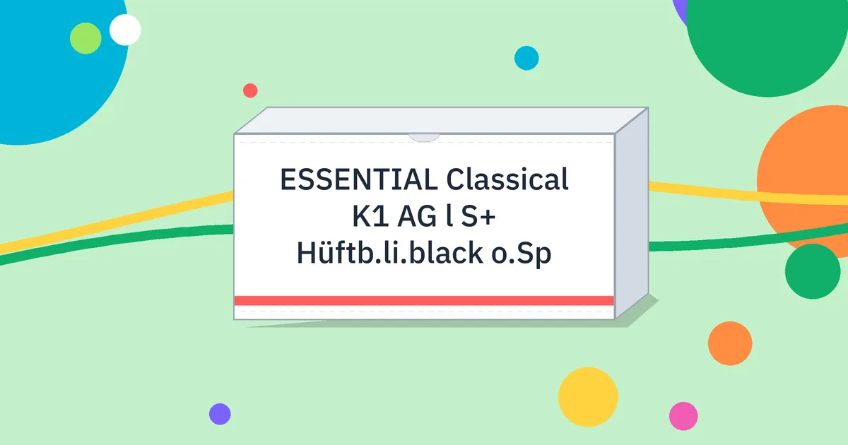 Symbolbild: Packung mit der Aufschrift ESSENTIAL Classical K1 AG l S+ Hüftb.li.black o.Sp (PZN 17013194) – Verfügbarkeit und Bezug in Apotheken in Frankfurt am Main