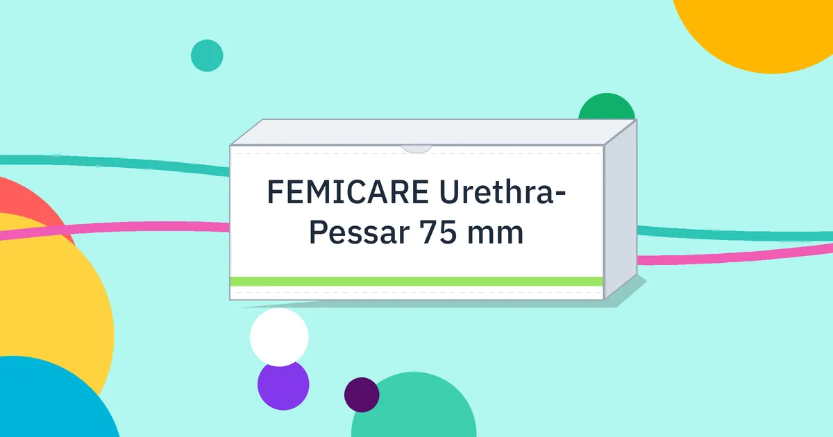 Symbolbild: Packung mit der Aufschrift FEMICARE Urethra-Pessar 75 mm (PZN 19336553) – Verfügbarkeit und Bezug in Apotheken in Frankfurt am Main