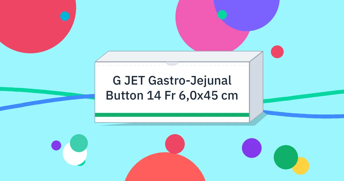 Symbolbild: Packung mit der Aufschrift G JET Gastro-Jejunal Button 14 Fr 6,0x45 cm (PZN 14346676) – Verfügbarkeit und Bezug in Apotheken in Frankfurt am Main
