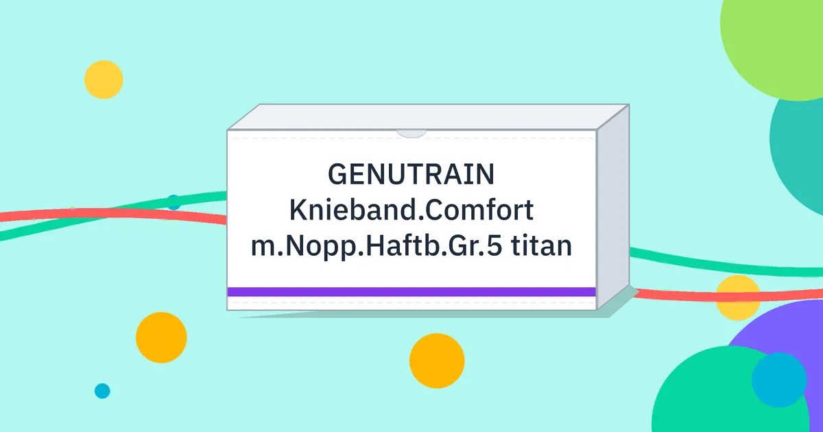 Symbolbild: Packung mit der Aufschrift GENUTRAIN Knieband.Comfort m.Nopp.Haftb.Gr.5 titan (PZN 20040131) – Verfügbarkeit und Bezug in Apotheken in Frankfurt am Main