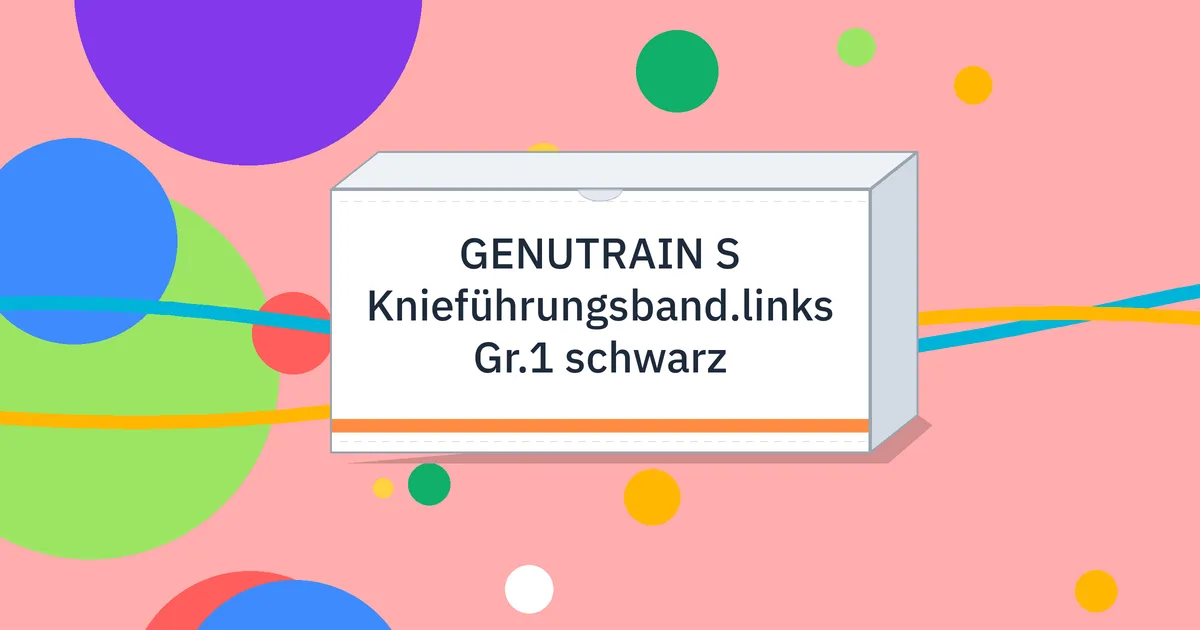 Symbolbild: Packung mit der Aufschrift GENUTRAIN S Knieführungsband.links Gr.1 schwarz (PZN 07551832) – Verfügbarkeit und Bezug in Apotheken in Frankfurt am Main