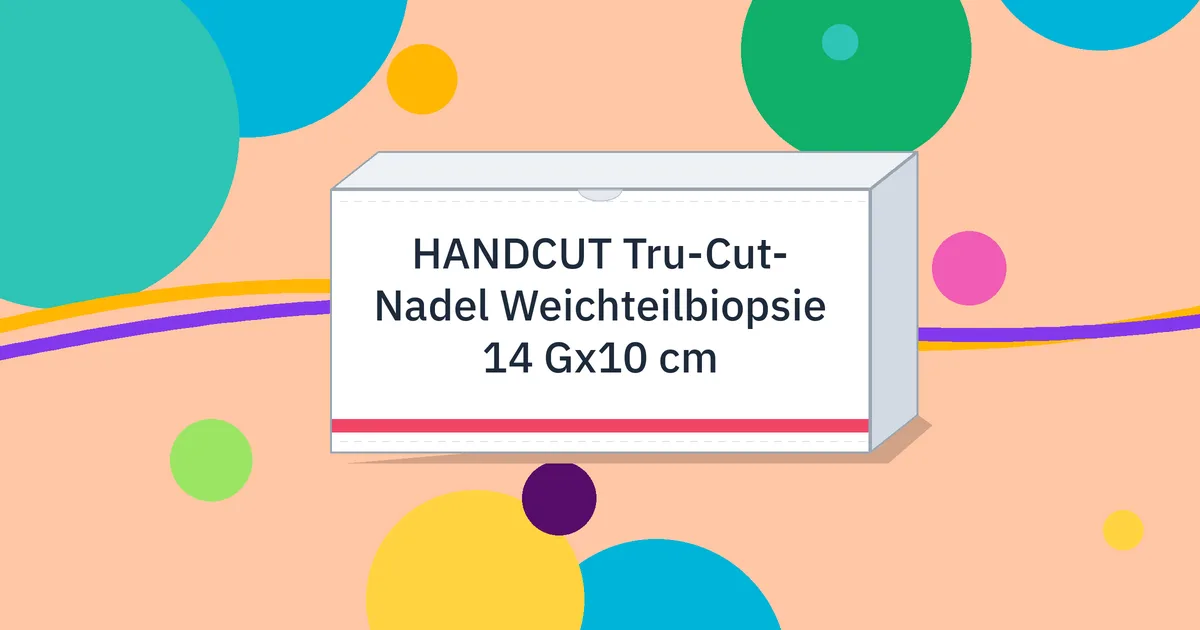 Symbolbild: Packung mit der Aufschrift HANDCUT Tru-Cut-Nadel Weichteilbiopsie 14 Gx10 cm (PZN 19736293) – Verfügbarkeit und Bezug in Apotheken in Frankfurt am Main