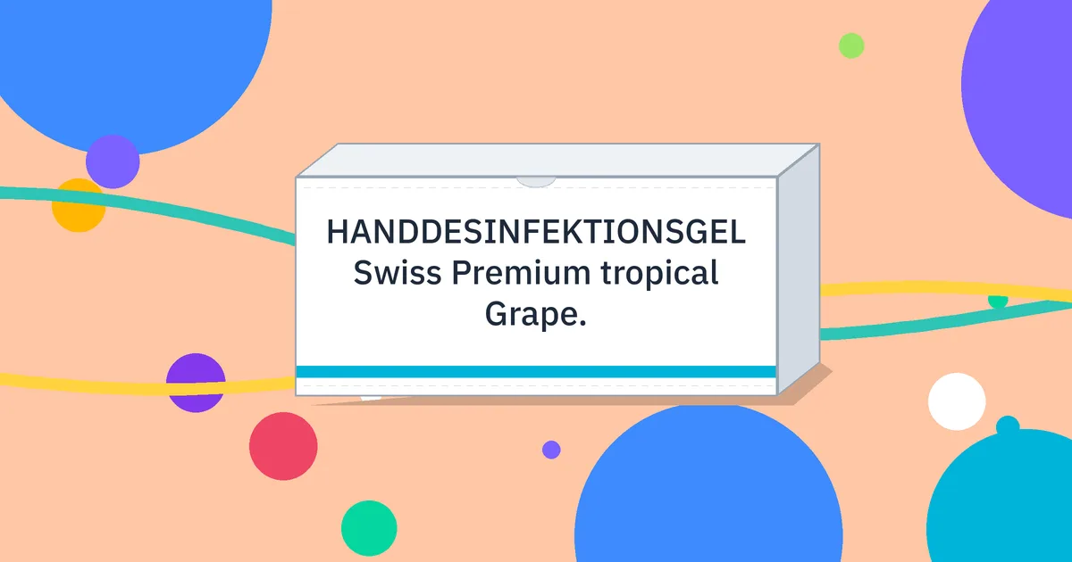 Symbolbild: Packung mit der Aufschrift HANDDESINFEKTIONSGEL Swiss Premium tropical Grape. (PZN 18053646) – Verfügbarkeit und Bezug in Apotheken in Frankfurt am Main