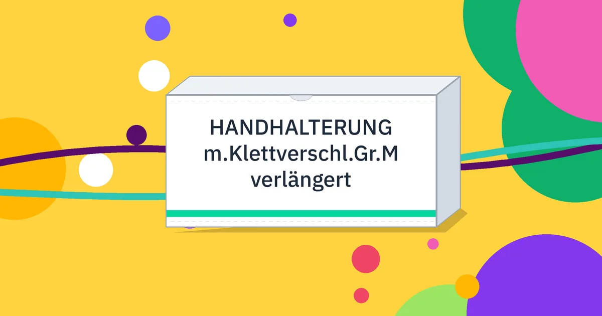 Symbolbild: Packung mit der Aufschrift HANDHALTERUNG m.Klettverschl.Gr.M verlängert (PZN 13585752) – Verfügbarkeit und Bezug in Apotheken in Frankfurt am Main