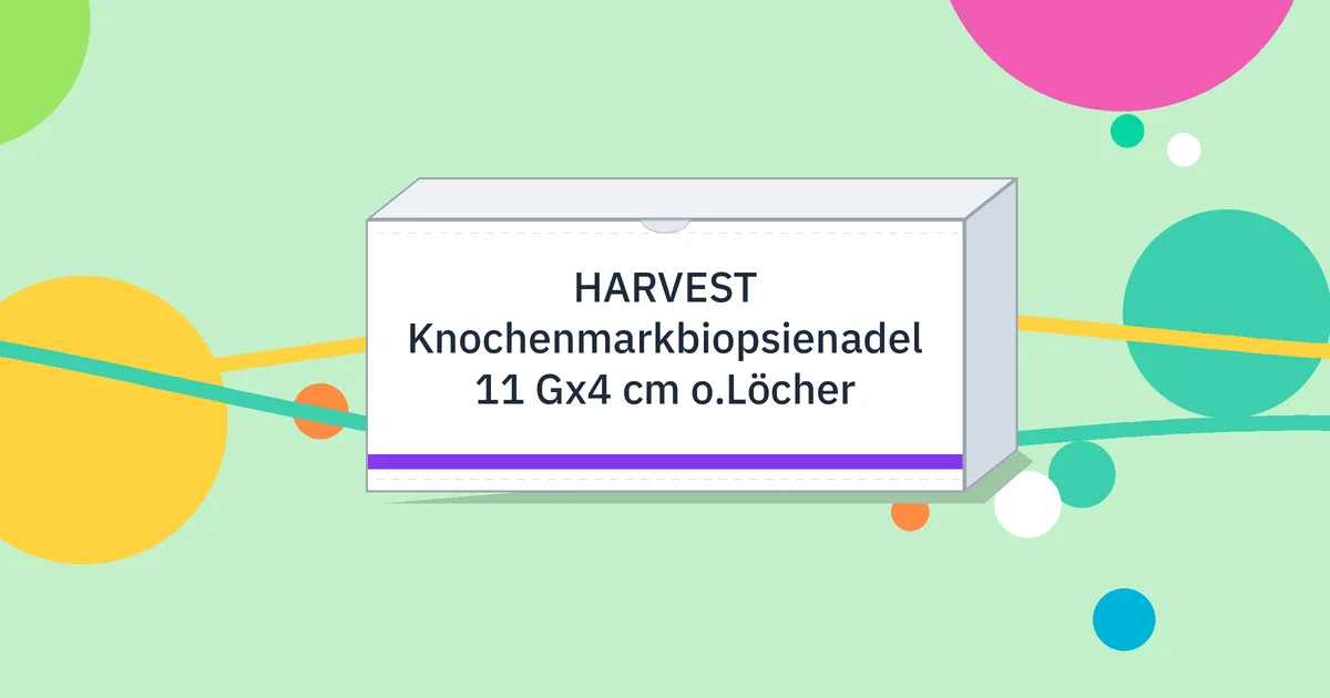Symbolbild: Packung mit der Aufschrift HARVEST Knochenmarkbiopsienadel 11 Gx4 cm o.Löcher (PZN 00919849) – Verfügbarkeit und Bezug in Apotheken in Frankfurt am Main