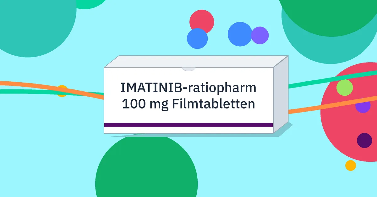 Symbolbild: Packung mit der Aufschrift IMATINIB-ratiopharm 100 mg Filmtabletten (PZN 11598526) – Verfügbarkeit und Bezug in Apotheken in Frankfurt am Main