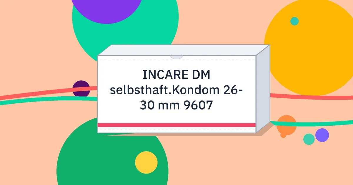 Symbolbild: Packung mit der Aufschrift INCARE DM selbsthaft.Kondom 26-30 mm 9607 (PZN 03662687) – Verfügbarkeit und Bezug in Apotheken in Frankfurt am Main