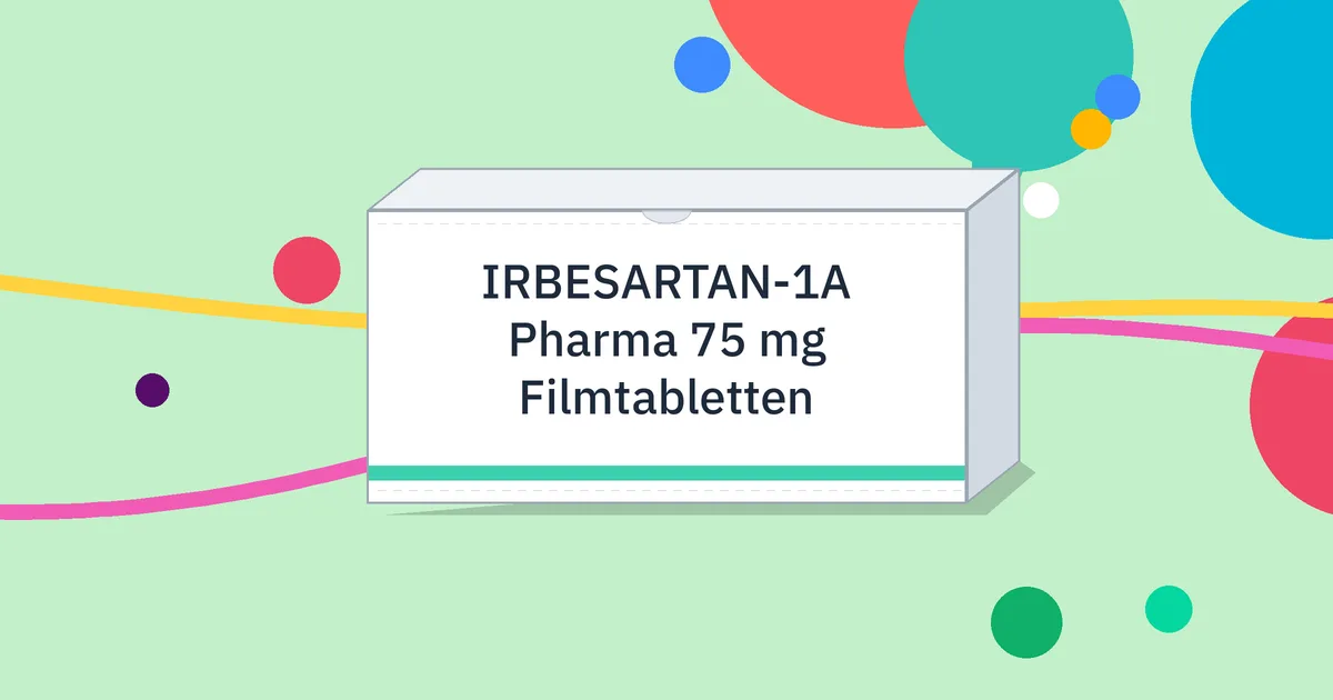 Symbolbild: Packung mit der Aufschrift IRBESARTAN-1A Pharma 75 mg Filmtabletten (PZN 09607169) – Verfügbarkeit und Bezug in Apotheken in Frankfurt am Main