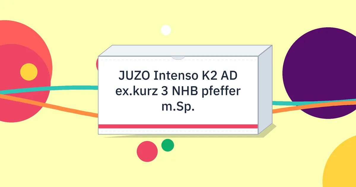 Symbolbild: Packung mit der Aufschrift JUZO Intenso K2 AD ex.kurz 3 NHB pfeffer m.Sp. (PZN 18611402) – Verfügbarkeit und Bezug in Apotheken in Frankfurt am Main