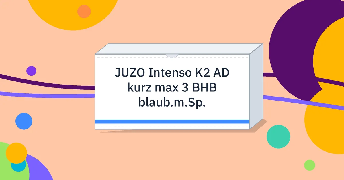 Symbolbild: Packung mit der Aufschrift JUZO Intenso K2 AD kurz max 3 BHB blaub.m.Sp. (PZN 18615759) – Verfügbarkeit und Bezug in Apotheken in Frankfurt am Main