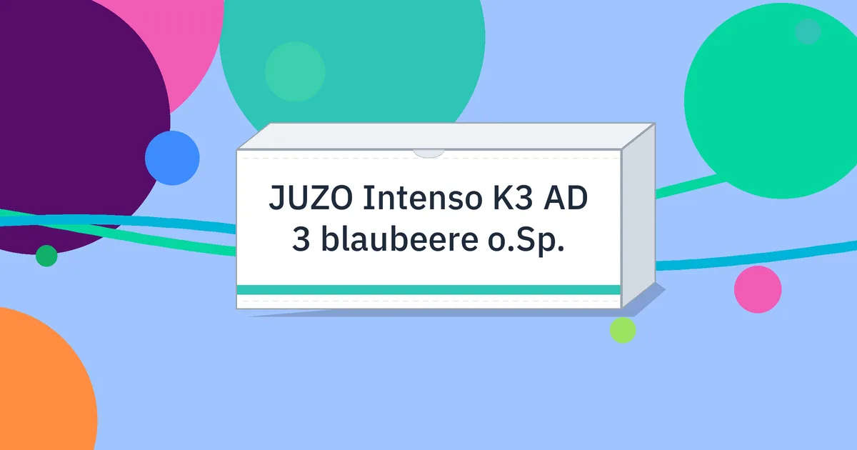 Symbolbild: Packung mit der Aufschrift JUZO Intenso K3 AD 3 blaubeere o.Sp. (PZN 18638016) – Verfügbarkeit und Bezug in Apotheken in Frankfurt am Main