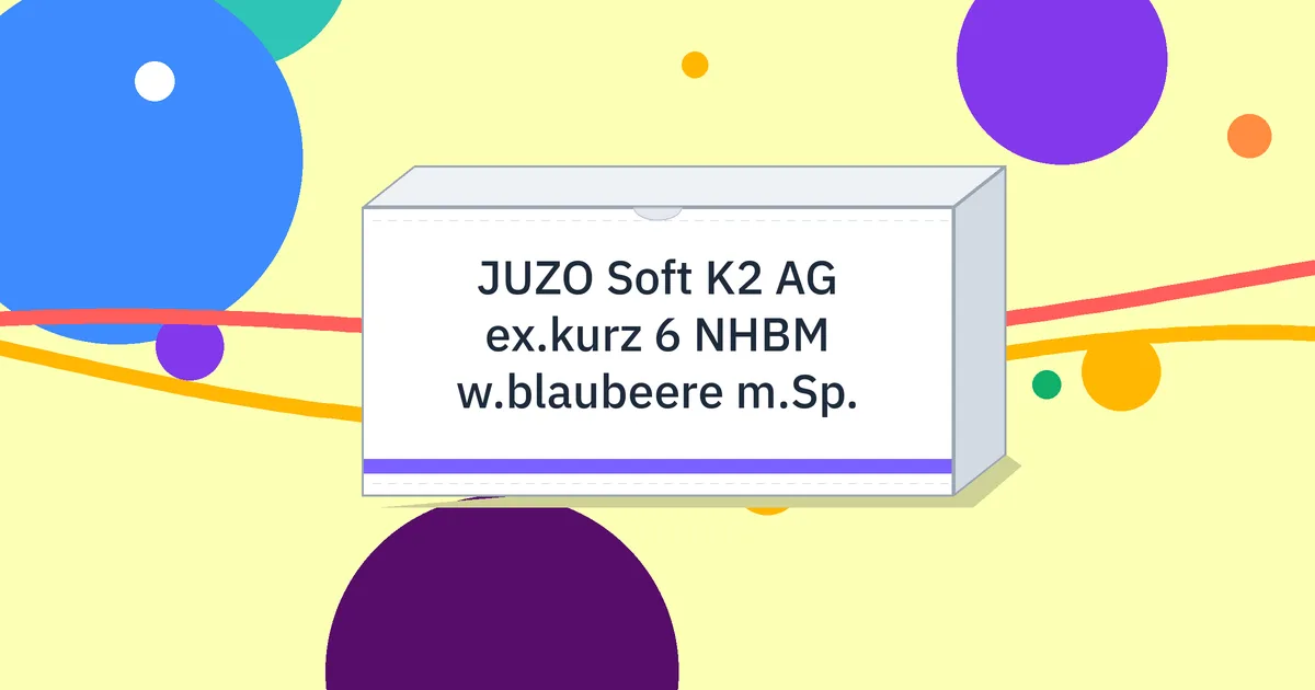 Symbolbild: Packung mit der Aufschrift JUZO Soft K2 AG ex.kurz 6 NHBM w.blaubeere m.Sp. (PZN 15022970) – Verfügbarkeit und Bezug in Apotheken in Frankfurt am Main