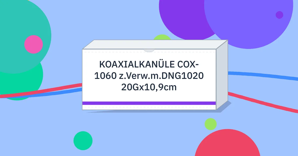 Symbolbild: Packung mit der Aufschrift KOAXIALKANÜLE COX-1060 z.Verw.m.DNG1020 20Gx10,9cm (PZN 00284084) – Verfügbarkeit und Bezug in Apotheken in Frankfurt am Main