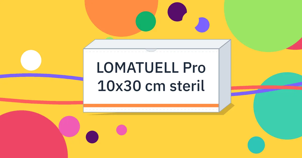Symbolbild: Packung mit der Aufschrift LOMATUELL Pro 10x30 cm steril (PZN 17282646) – Verfügbarkeit und Bezug in Apotheken in Frankfurt am Main