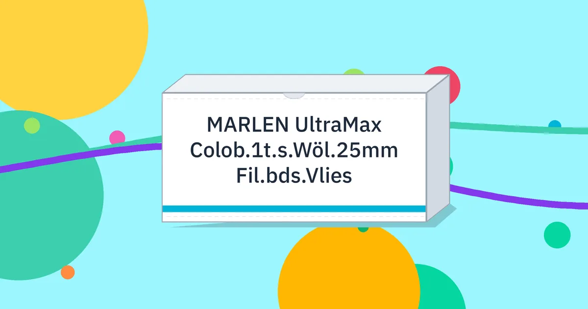 Symbolbild: Packung mit der Aufschrift MARLEN UltraMax Colob.1t.s.Wöl.25mm Fil.bds.Vlies (PZN 00625349) – Verfügbarkeit und Bezug in Apotheken in Frankfurt am Main