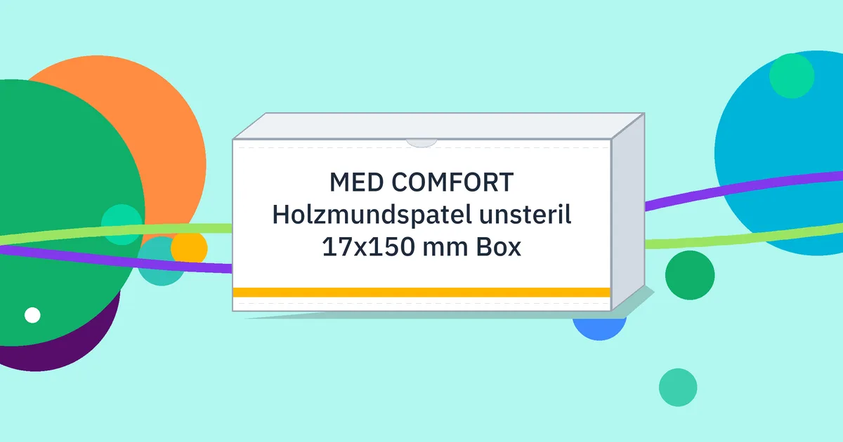Symbolbild: Packung mit der Aufschrift MED COMFORT Holzmundspatel unsteril 17x150 mm Box (PZN 16032976) – Verfügbarkeit und Bezug in Apotheken in Frankfurt am Main