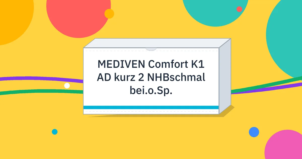 Symbolbild: Packung mit der Aufschrift MEDIVEN Comfort K1 AD kurz 2 NHBschmal bei.o.Sp. (PZN 14558042) – Verfügbarkeit und Bezug in Apotheken in Frankfurt am Main