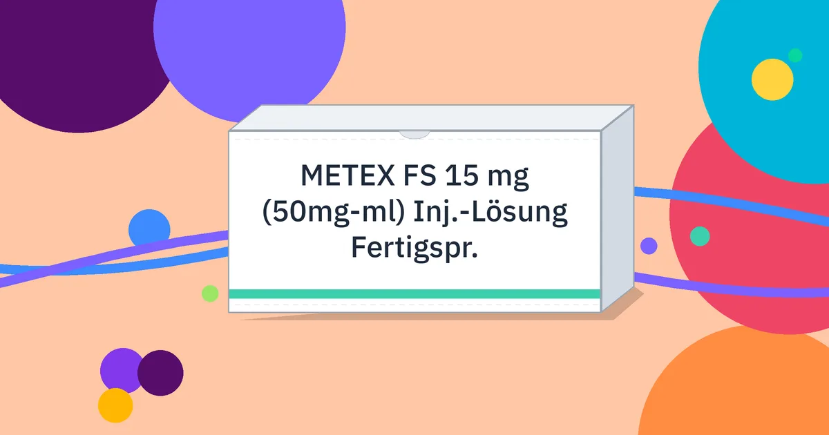 Symbolbild: Packung mit der Aufschrift METEX FS 15 mg (50mg-ml) Inj.-Lösung Fertigspr. (PZN 19306753) – Verfügbarkeit und Bezug in Apotheken in Frankfurt am Main