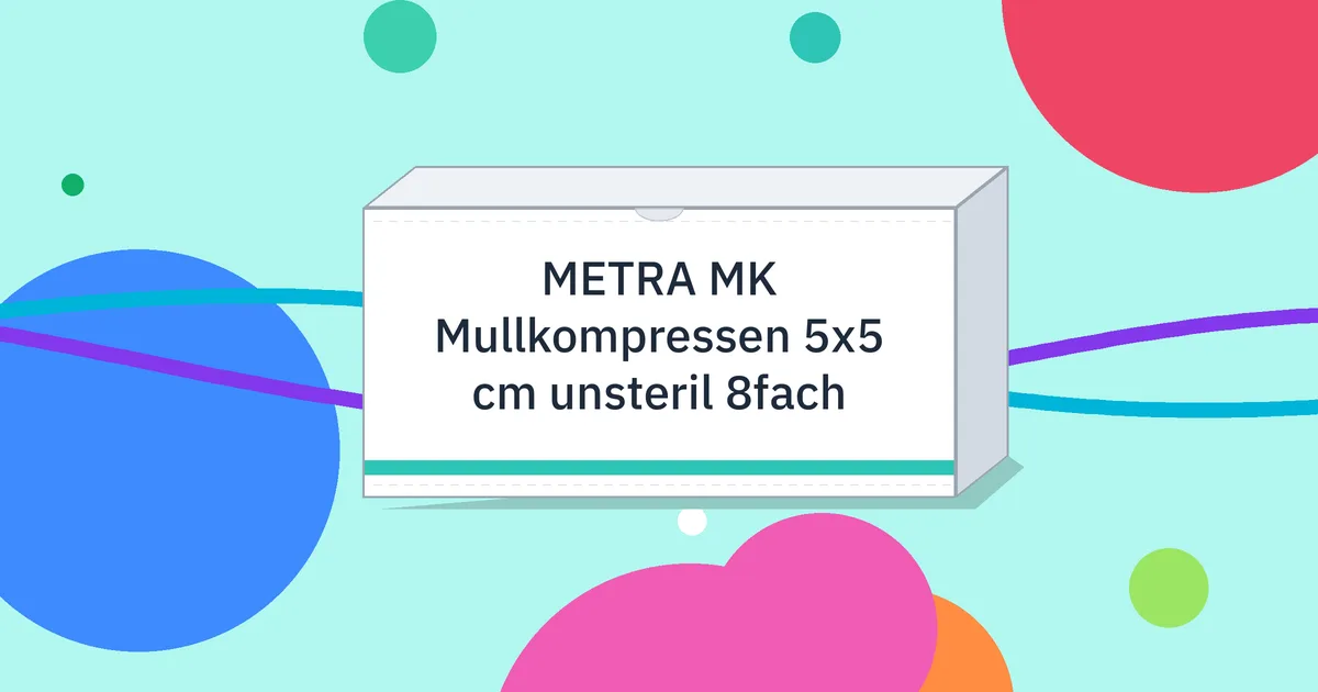 Symbolbild: Packung mit der Aufschrift METRA MK Mullkompressen 5x5 cm unsteril 8fach (PZN 07771410) – Verfügbarkeit und Bezug in Apotheken in Frankfurt am Main