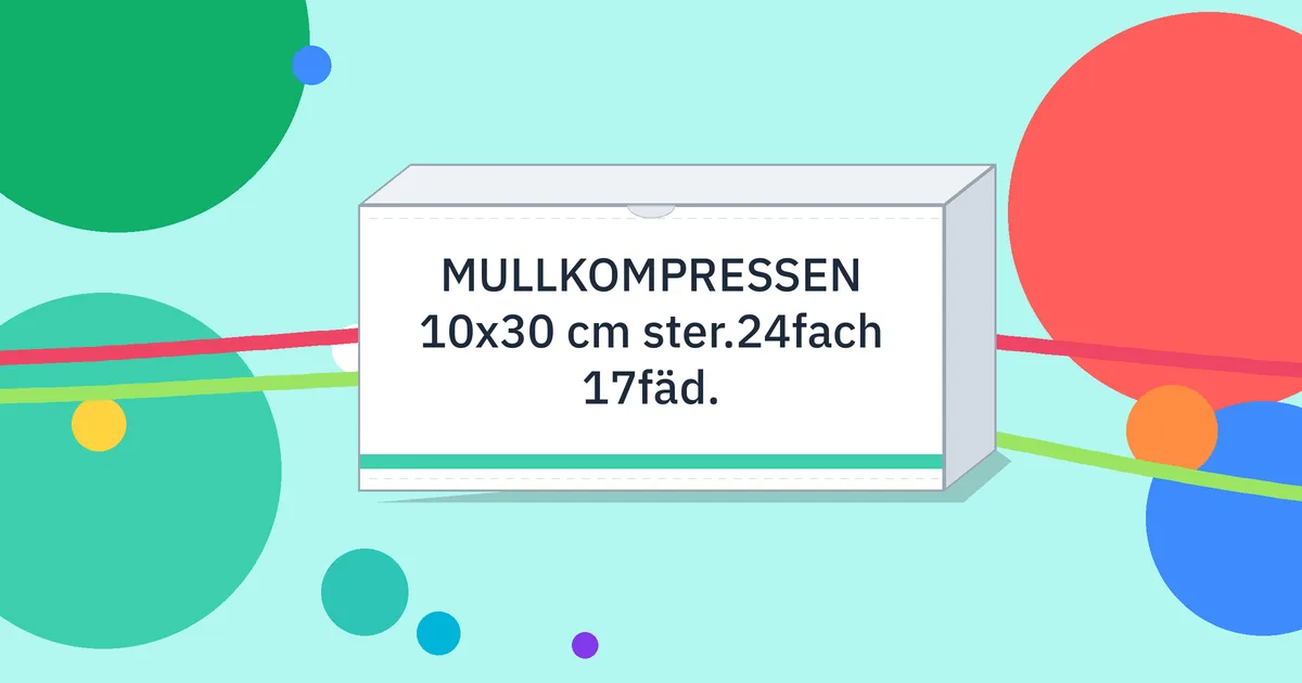 Symbolbild: Packung mit der Aufschrift MULLKOMPRESSEN 10x30 cm ster.24fach 17fäd. (PZN 06931685) – Verfügbarkeit und Bezug in Apotheken in Frankfurt am Main