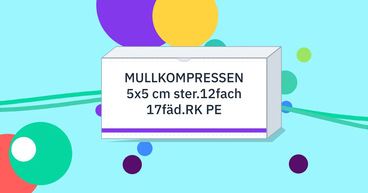 Symbolbild: Packung mit der Aufschrift MULLKOMPRESSEN 5x5 cm ster.12fach 17fäd.RK PE (PZN 06929926) – Verfügbarkeit und Bezug in Apotheken in Frankfurt am Main