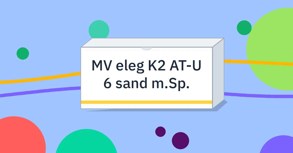 Symbolbild: Packung mit der Aufschrift MV eleg K2 AT-U 6 sand m.Sp. (PZN 18923604) – Verfügbarkeit und Bezug in Apotheken in Frankfurt am Main