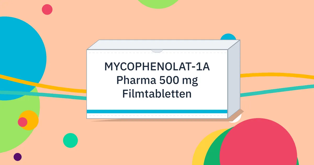 Symbolbild: Packung mit der Aufschrift MYCOPHENOLAT-1A Pharma 500 mg Filmtabletten (PZN 07794569) – Verfügbarkeit und Bezug in Apotheken in Frankfurt am Main