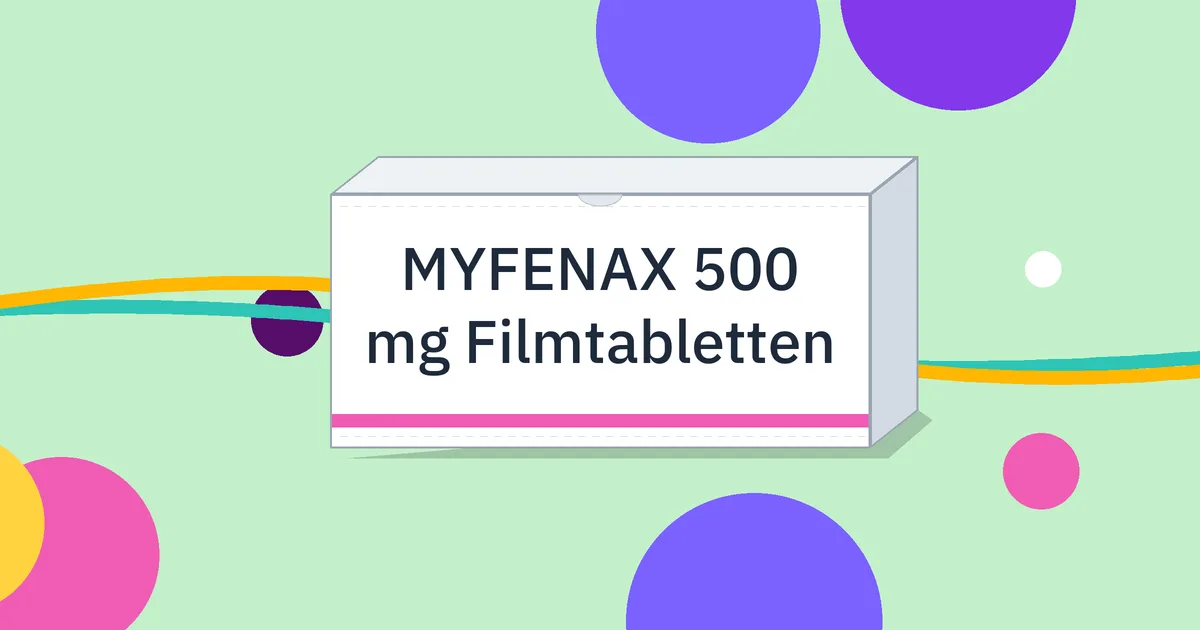 Symbolbild: Packung mit der Aufschrift MYFENAX 500 mg Filmtabletten (PZN 14162083) – Verfügbarkeit und Bezug in Apotheken in Frankfurt am Main