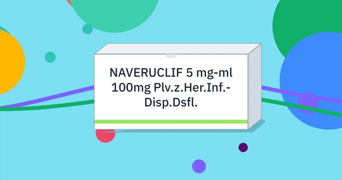 Symbolbild: Packung mit der Aufschrift NAVERUCLIF 5 mg-ml 100mg Plv.z.Her.Inf.-Disp.Dsfl. (PZN 19160551) – Verfügbarkeit und Bezug in Apotheken in Frankfurt am Main