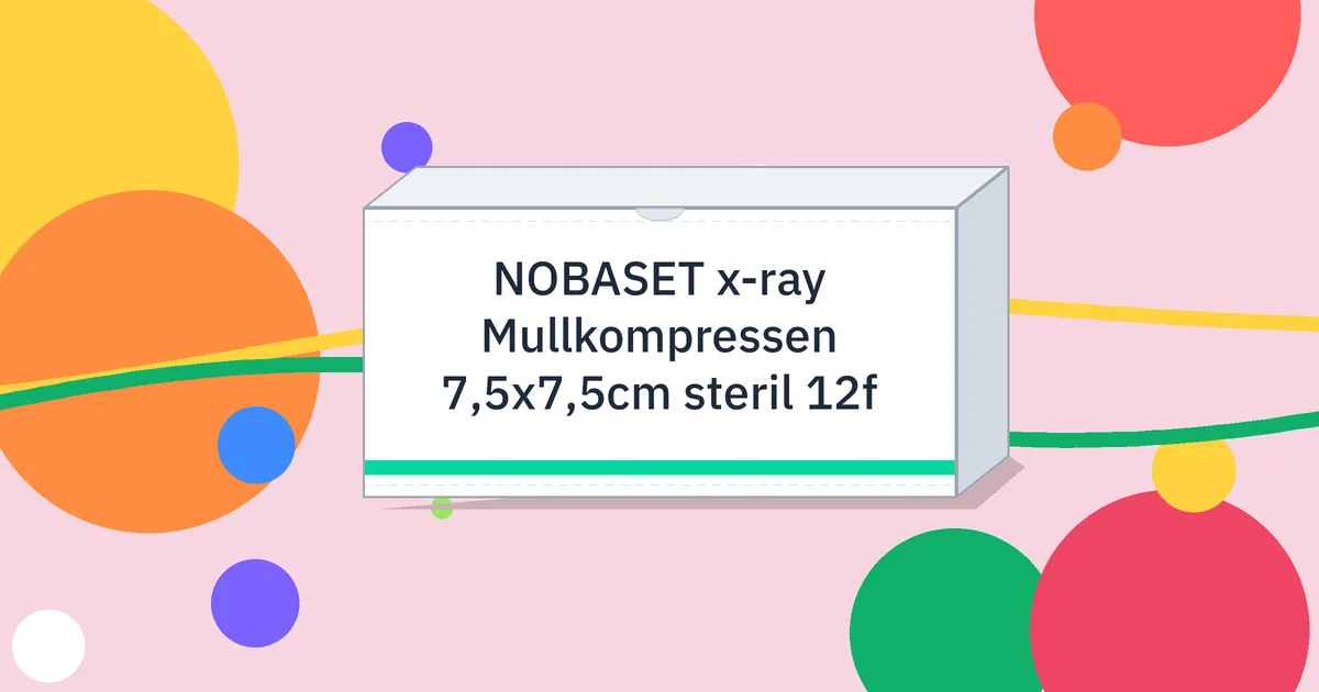 Symbolbild: Packung mit der Aufschrift NOBASET x-ray Mullkompressen 7,5x7,5cm steril 12f (PZN 17587216) – Verfügbarkeit und Bezug in Apotheken in Frankfurt am Main