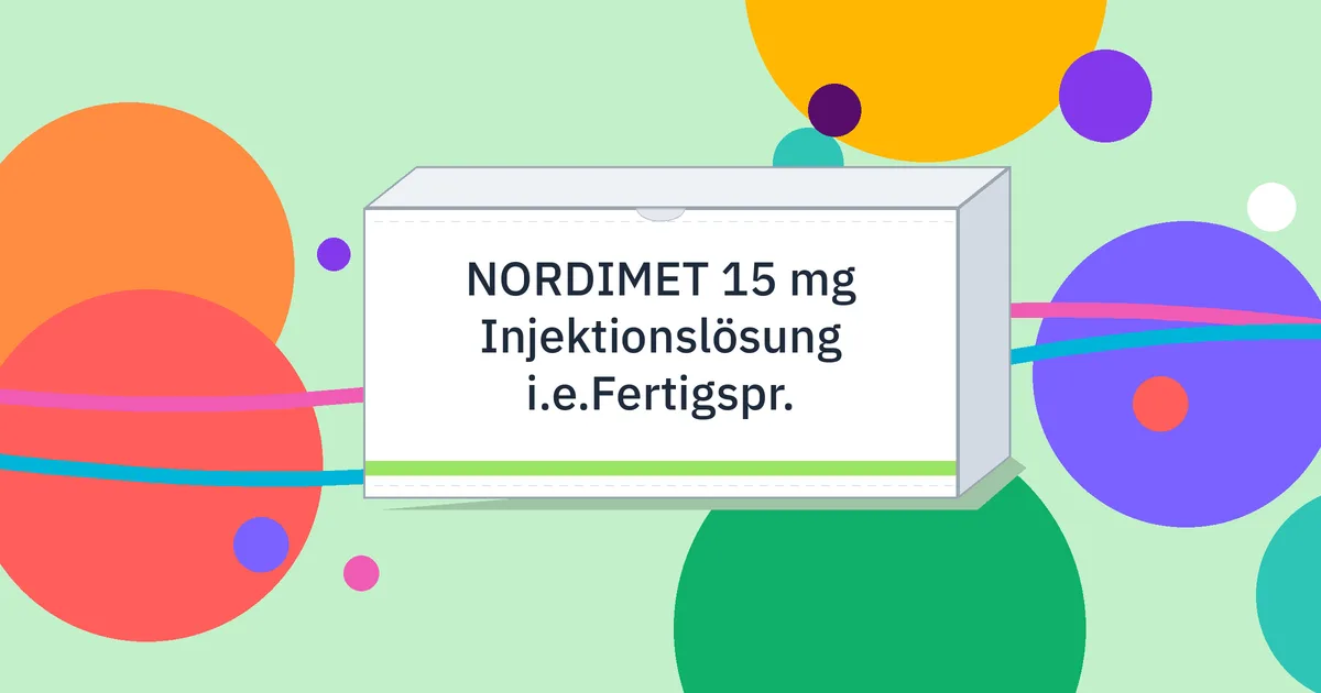 Symbolbild: Packung mit der Aufschrift NORDIMET 15 mg Injektionslösung i.e.Fertigspr. (PZN 15264868) – Verfügbarkeit und Bezug in Apotheken in Frankfurt am Main