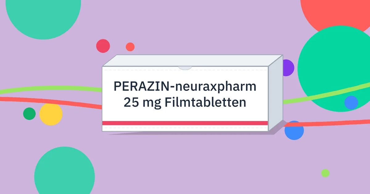 Symbolbild: Packung mit der Aufschrift PERAZIN-neuraxpharm 25 mg Filmtabletten (PZN 06867384) – Verfügbarkeit und Bezug in Apotheken in Frankfurt am Main