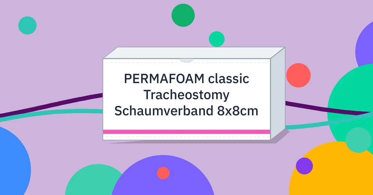 Symbolbild: Packung mit der Aufschrift PERMAFOAM classic Tracheostomy Schaumverband 8x8cm (PZN 18804408) – Verfügbarkeit und Bezug in Apotheken in Frankfurt am Main