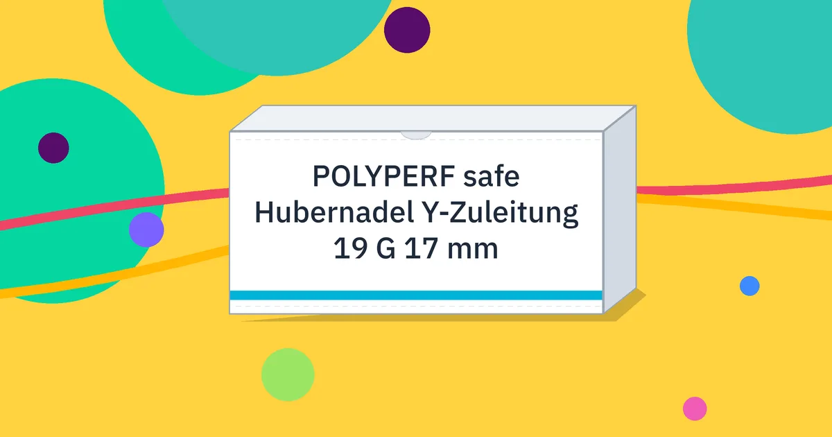 Symbolbild: Packung mit der Aufschrift POLYPERF safe Hubernadel Y-Zuleitung 19 G 17 mm (PZN 18113940) – Verfügbarkeit und Bezug in Apotheken in Frankfurt am Main