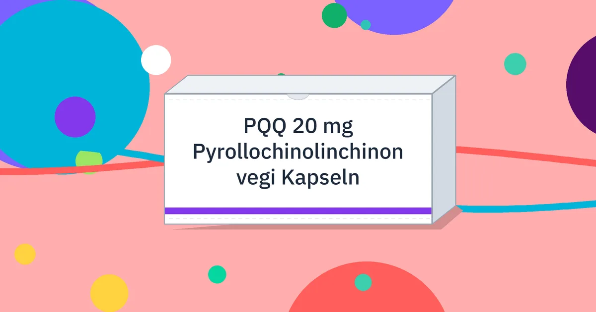 Symbolbild: Packung mit der Aufschrift PQQ 20 mg Pyrollochinolinchinon vegi Kapseln (PZN 16228998) – Verfügbarkeit und Bezug in Apotheken in Frankfurt am Main