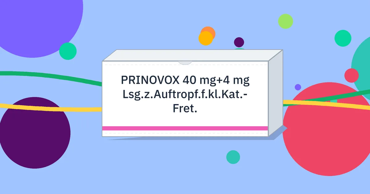 Symbolbild: Packung mit der Aufschrift PRINOVOX 40 mg+4 mg Lsg.z.Auftropf.f.kl.Kat.-Fret. (PZN 14006101) – Verfügbarkeit und Bezug in Apotheken in Frankfurt am Main