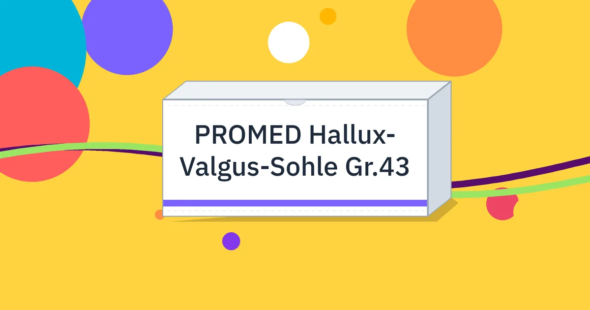 Symbolbild: Packung mit der Aufschrift PROMED Hallux-Valgus-Sohle Gr.43 (PZN 07297380) – Verfügbarkeit und Bezug in Apotheken in Frankfurt am Main