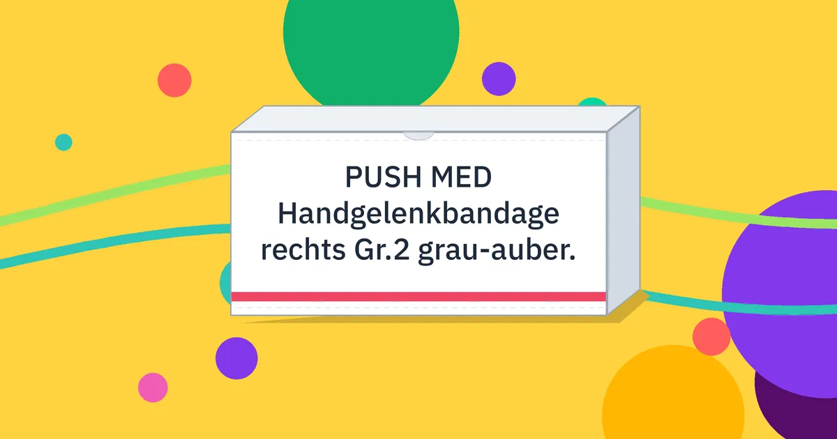 Symbolbild: Packung mit der Aufschrift PUSH MED Handgelenkbandage rechts Gr.2 grau-auber. (PZN 04860774) – Verfügbarkeit und Bezug in Apotheken in Frankfurt am Main