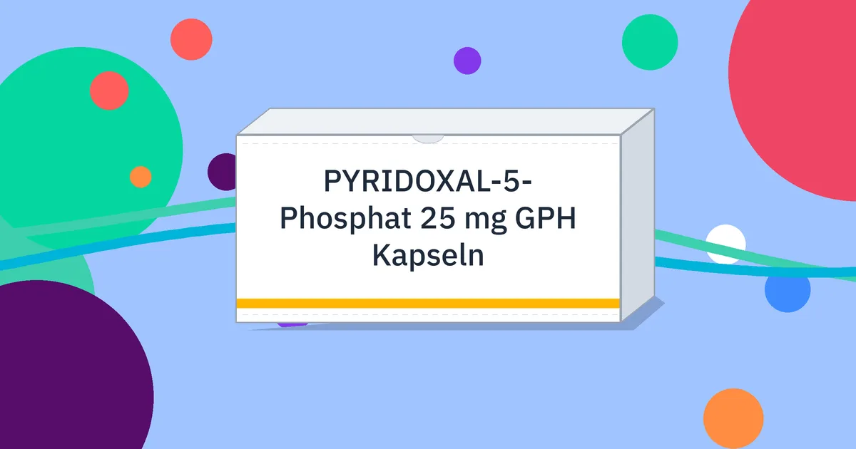 Symbolbild: Packung mit der Aufschrift PYRIDOXAL-5-Phosphat 25 mg GPH Kapseln (PZN 20091097) – Verfügbarkeit und Bezug in Apotheken in Frankfurt am Main