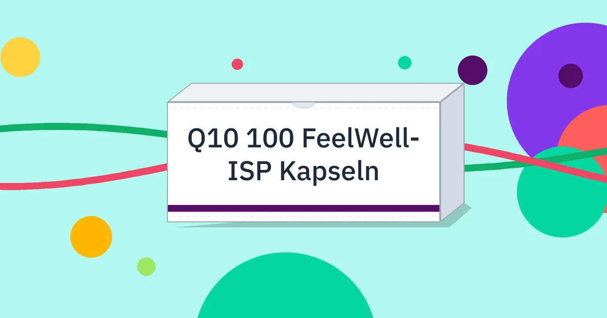 Symbolbild: Packung mit der Aufschrift Q10 100 FeelWell-ISP Kapseln (PZN 16351888) – Verfügbarkeit und Bezug in Apotheken in Frankfurt am Main
