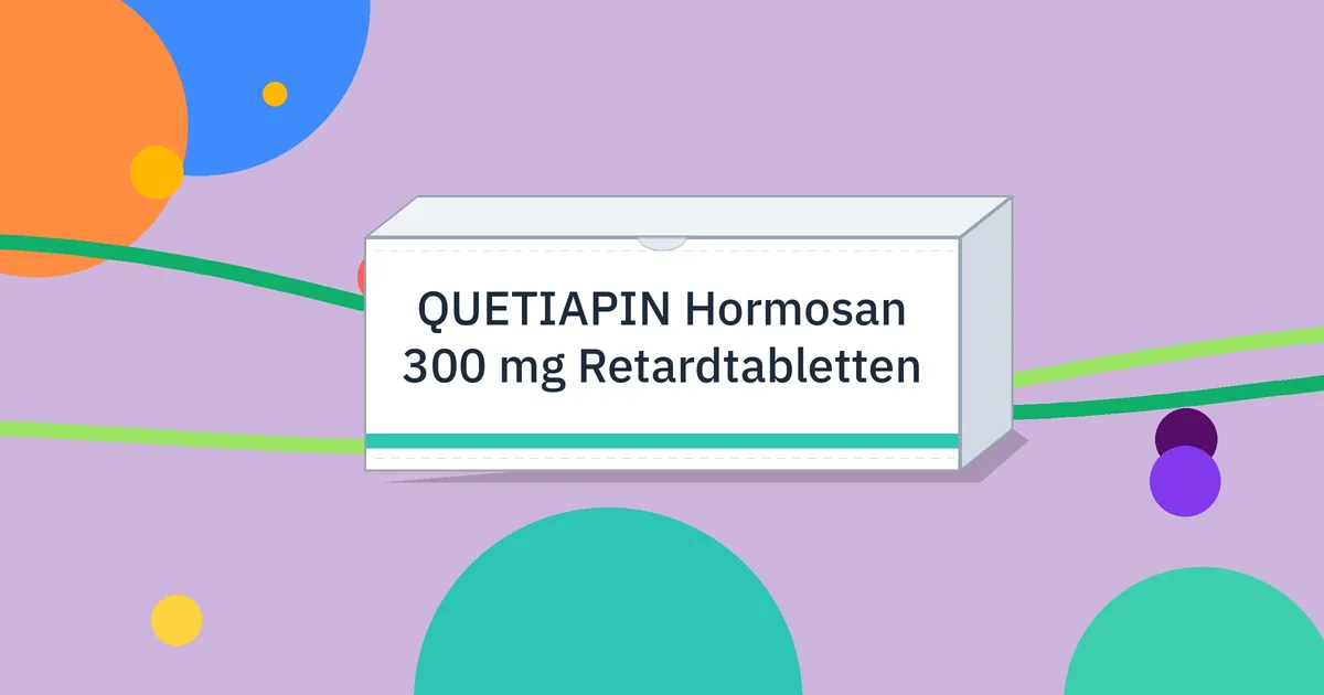 Symbolbild: Packung mit der Aufschrift QUETIAPIN Hormosan 300 mg Retardtabletten (PZN 11146037) – Verfügbarkeit und Bezug in Apotheken in Frankfurt am Main