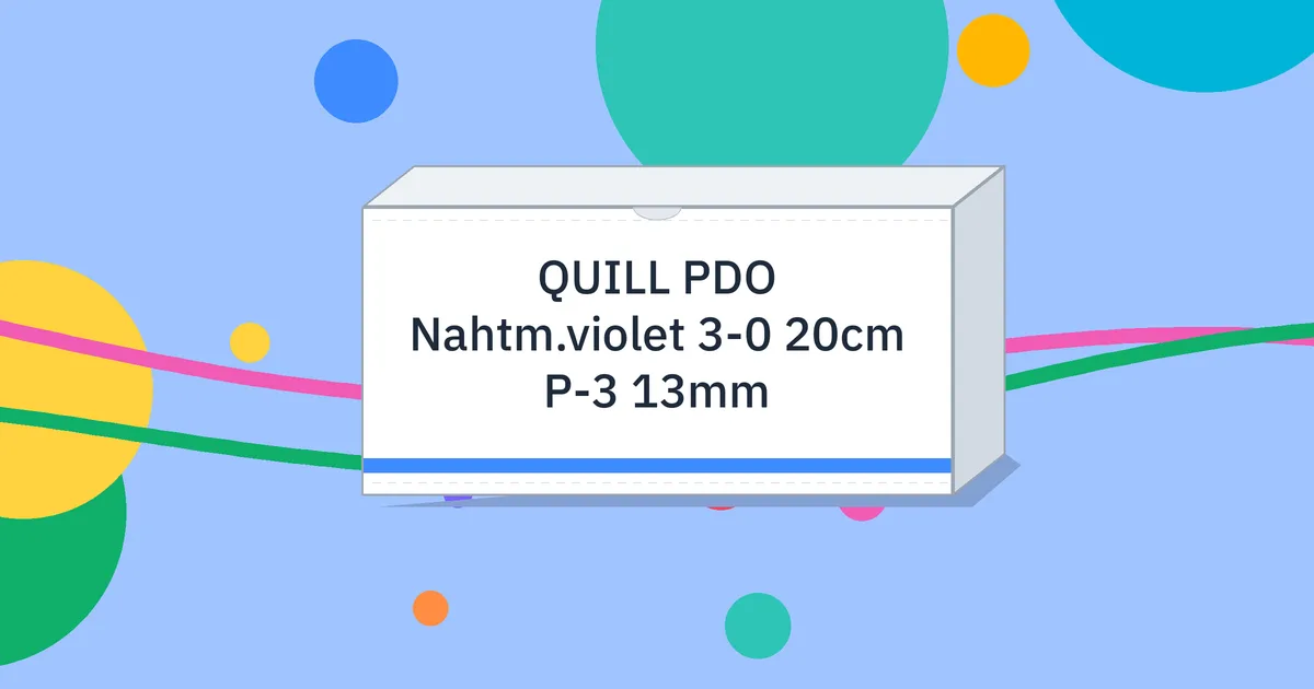 Symbolbild: Packung mit der Aufschrift QUILL PDO Nahtm.violet 3-0 20cm P-3 13mm (PZN 17990610) – Verfügbarkeit und Bezug in Apotheken in Frankfurt am Main