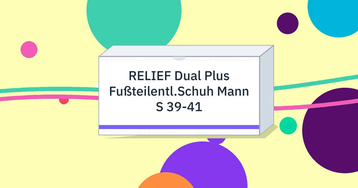 Symbolbild: Packung mit der Aufschrift RELIEF Dual Plus Fußteilentl.Schuh Mann S 39-41 (PZN 16907446) – Verfügbarkeit und Bezug in Apotheken in Frankfurt am Main