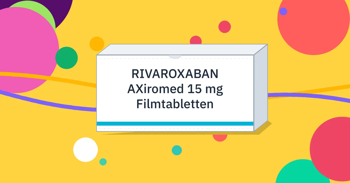 Symbolbild: Packung mit der Aufschrift RIVAROXABAN AXiromed 15 mg Filmtabletten (PZN 20113002) – Verfügbarkeit und Bezug in Apotheken in Frankfurt am Main