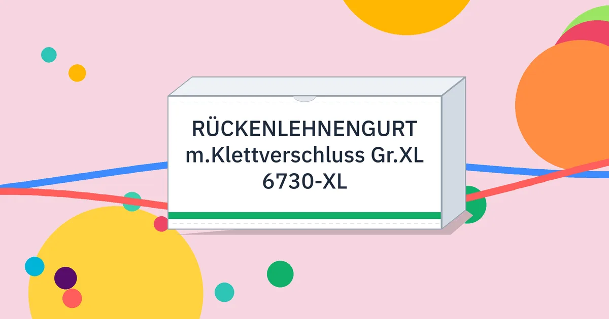 Symbolbild: Packung mit der Aufschrift RÜCKENLEHNENGURT m.Klettverschluss Gr.XL 6730-XL (PZN 13586154) – Verfügbarkeit und Bezug in Apotheken in Frankfurt am Main