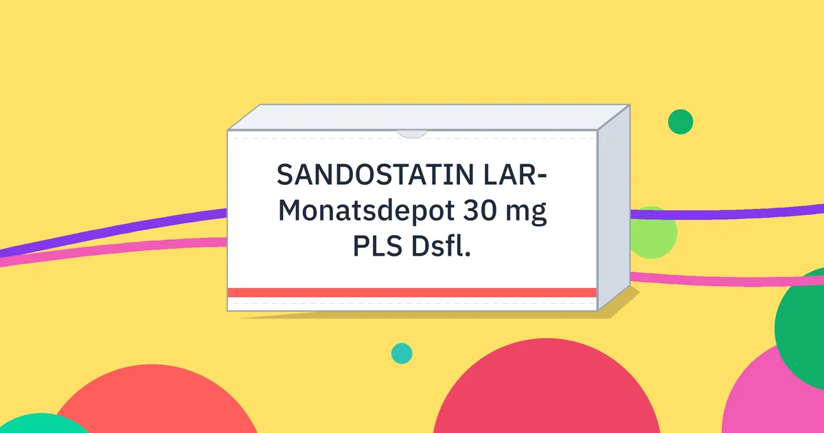 Symbolbild: Packung mit der Aufschrift SANDOSTATIN LAR-Monatsdepot 30 mg PLS Dsfl. (PZN 13235288) – Verfügbarkeit und Bezug in Apotheken in Frankfurt am Main