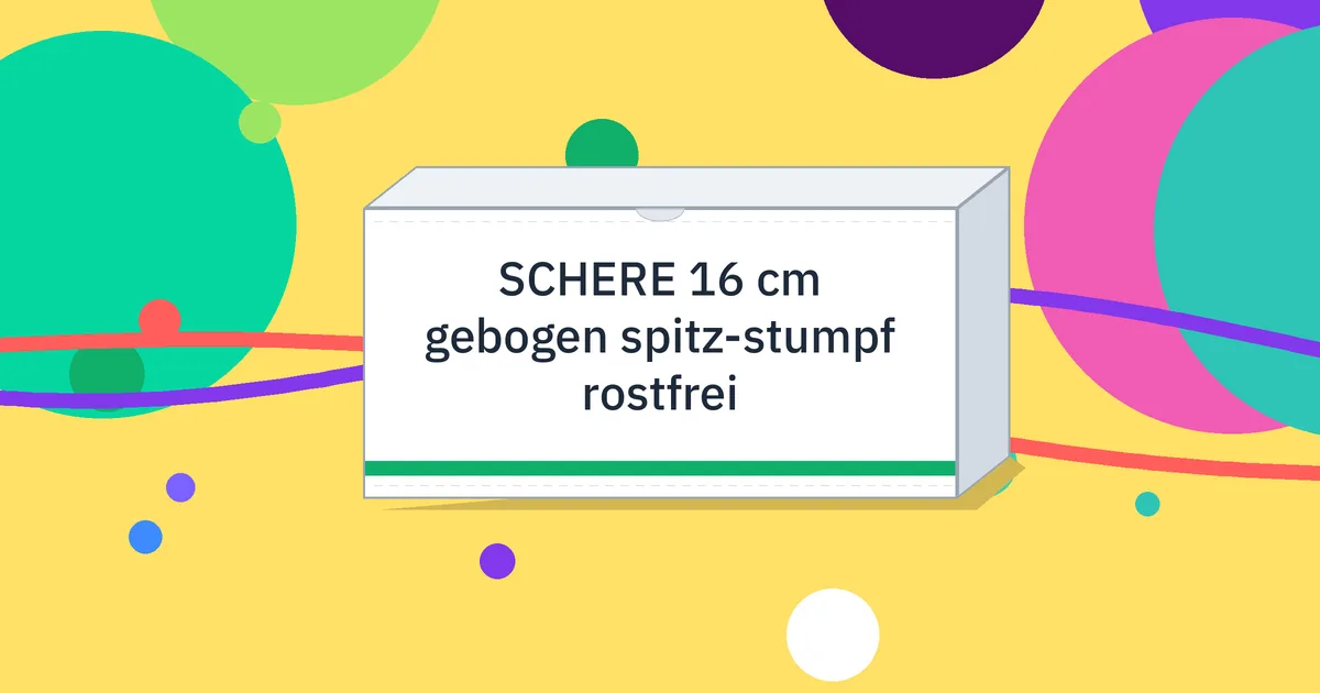 Symbolbild: Packung mit der Aufschrift SCHERE 16 cm gebogen spitz-stumpf rostfrei (PZN 06804946) – Verfügbarkeit und Bezug in Apotheken in Frankfurt am Main
