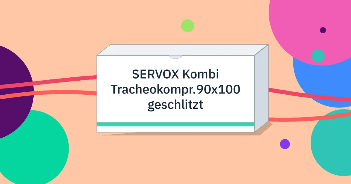 Symbolbild: Packung mit der Aufschrift SERVOX Kombi Tracheokompr.90x100 geschlitzt (PZN 07786699) – Verfügbarkeit und Bezug in Apotheken in Frankfurt am Main