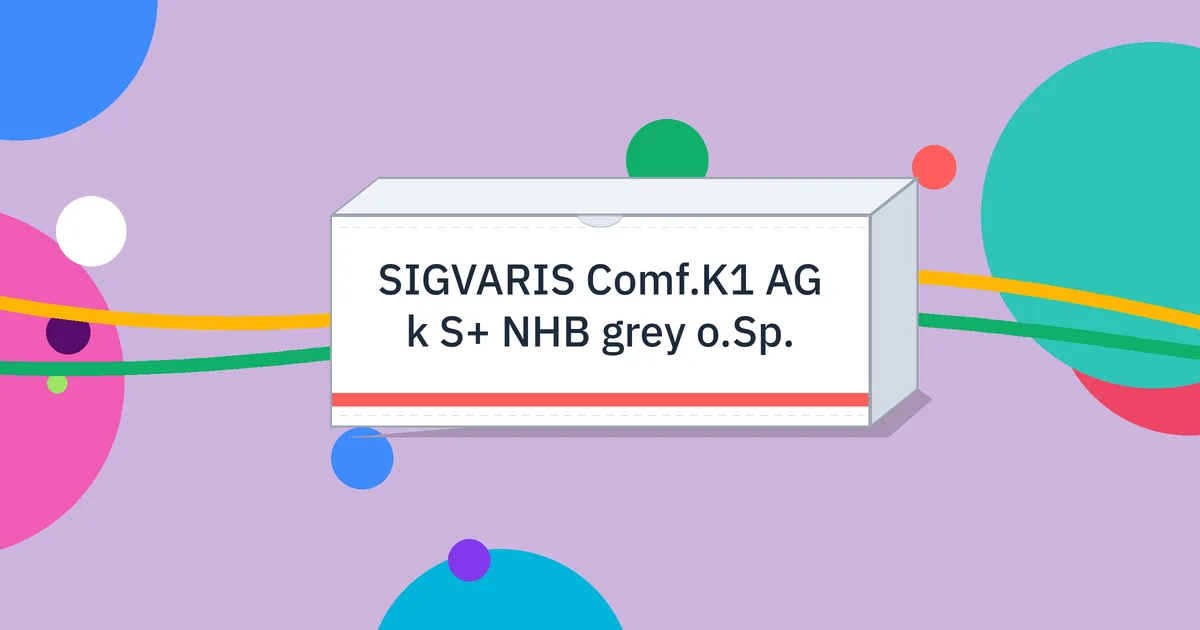 Symbolbild: Packung mit der Aufschrift SIGVARIS Comf.K1 AG k S+ NHB grey o.Sp. (PZN 17096240) – Verfügbarkeit und Bezug in Apotheken in Frankfurt am Main