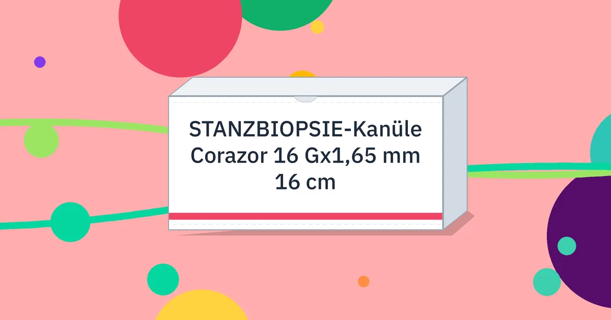 Symbolbild: Packung mit der Aufschrift STANZBIOPSIE-Kanüle Corazor 16 Gx1,65 mm 16 cm (PZN 20096172) – Verfügbarkeit und Bezug in Apotheken in Frankfurt am Main